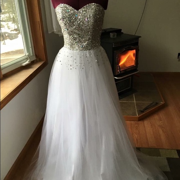 Dresses | Strapless White Silver Beaded Prompageant Gown | Poshmark